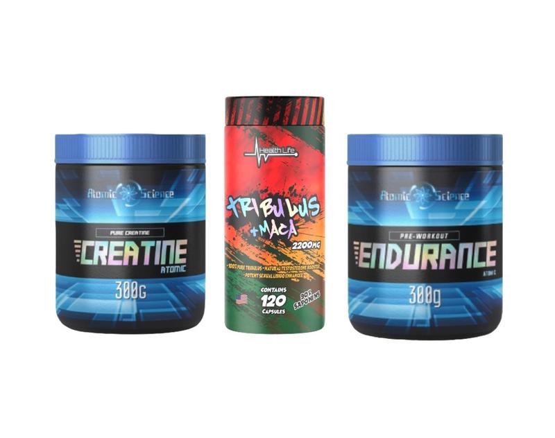Creatina 300g 100% pura + Maca e Trib 120 caps + Pré treino 300g ...