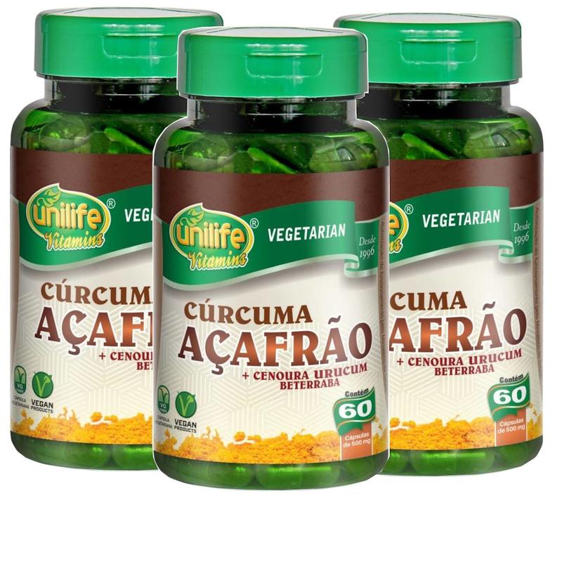 Cúrcuma Açafrão + Cenoura Urucum Beterraba 60 cápsulas de 500mg Kit com ...
