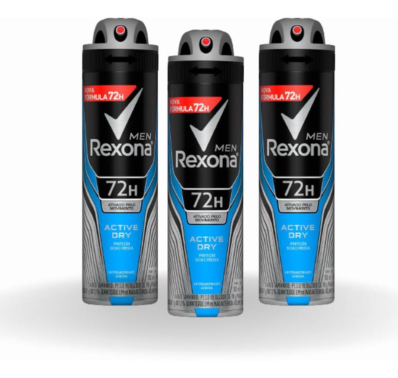 Desodorante Aerosol Spray Active Dry Rexona 72hrs Kit 3 Pç - REXONA MEN ...