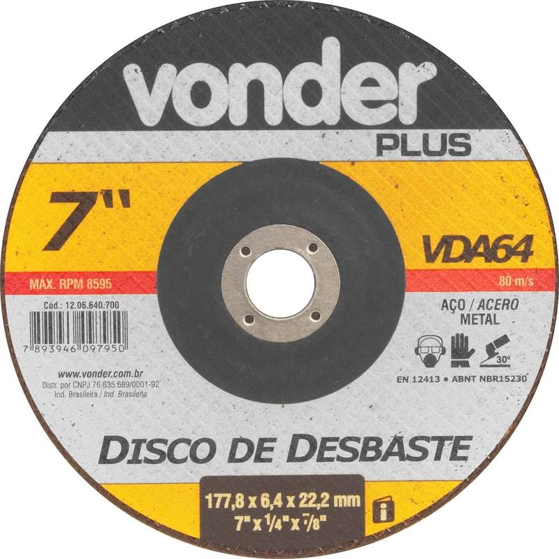 Disco de Desbaste Esmerilhadeira Angular 180x6,4x22,23mm Vonder VDA 64 ...