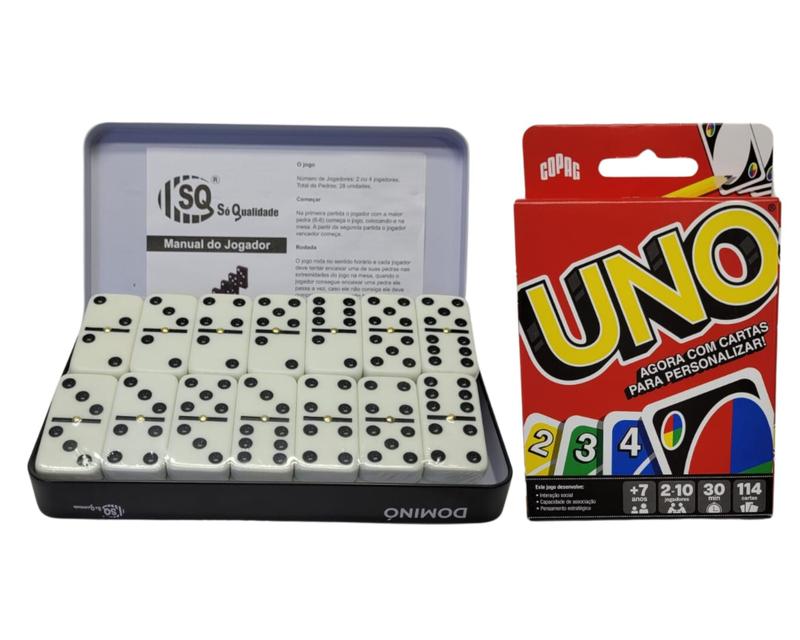 Dominó Profissional Estojo Lata 28 Pçs e Jogo de Cartas Uno Mattel ...
