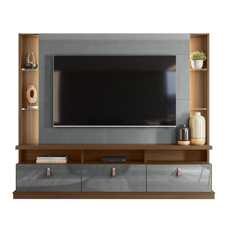 Estante Home Multiuso TV Até 70 Polegadas Portas Puxador em Couro, Led e Prateleiras de Vidro ...