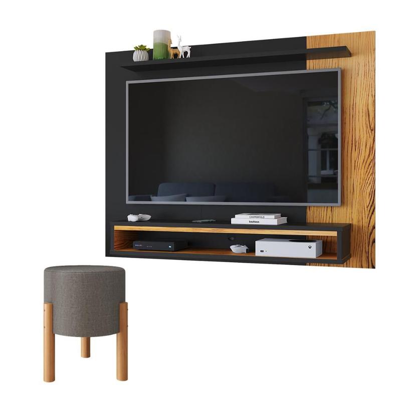 Estante Painel Sala Quarto TV 48 Polegadas Nairobi Preto/Nature e Puff Banqueta Estofado Assento ...