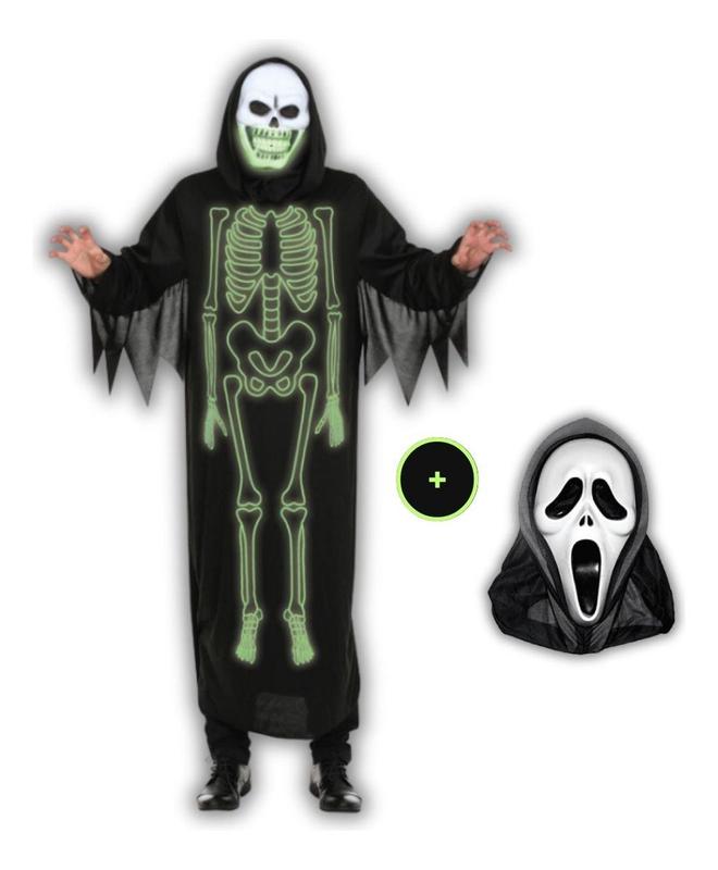 Fantasia Capa Esqueleto Luminosa Com Mascara Panico Halloween Brilha no Escuro Adulto Masculina ...