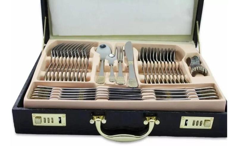 Faqueiro Inox 84 Peças Detalhe Dourado Luxo - alemã - Faqueiros ...