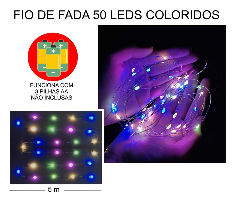 Fio de Fada 50Leds Pisca Luz Colorido de Natal Pilha 5m - Multiart ...
