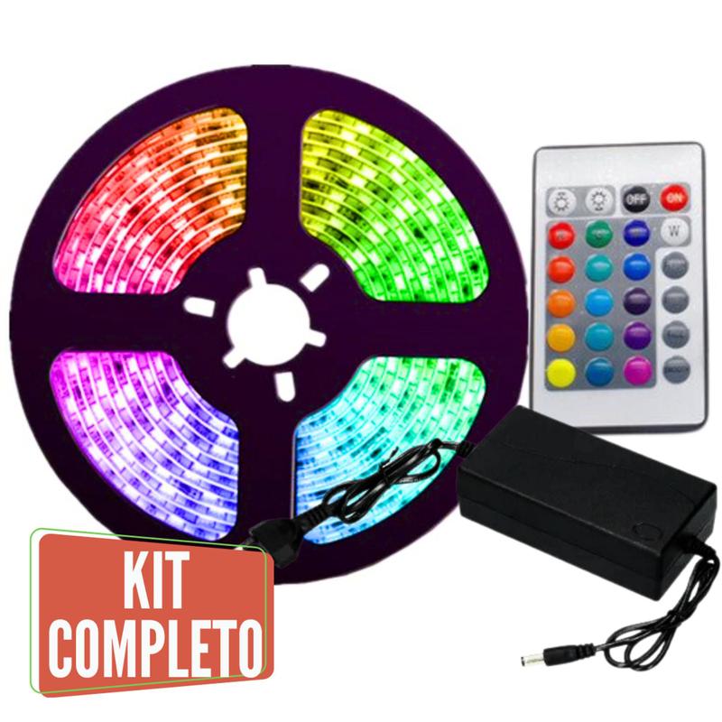 Fita Led Rgb Colorida 5m Com Cola e Kit Fonte 12v Controle Bivolt 110V ...