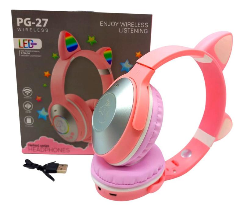 Fone De Ouvido Bluetooth Led Orelha Gato Luz Headphone Cor Rosa - IMP ...