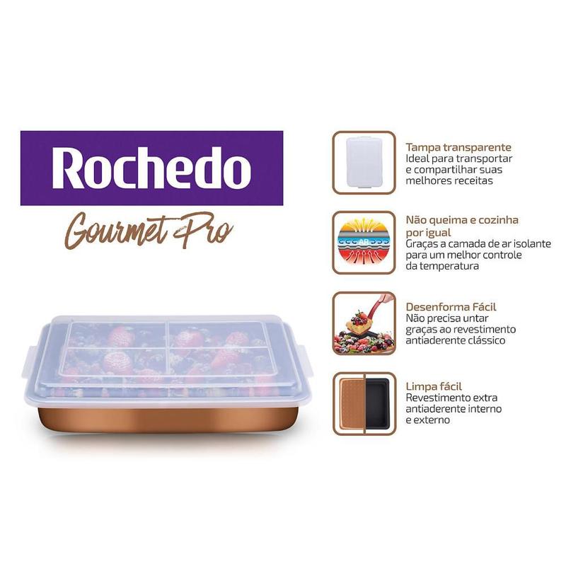 Forma Retangular Antiaderente Rochedo Gourmet Pro Com Tampa - Formas e ...