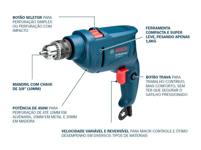 Furadeira de Impacto Bosch 450W - Velocidade Variável 3/8” 3 Peças GSB ...