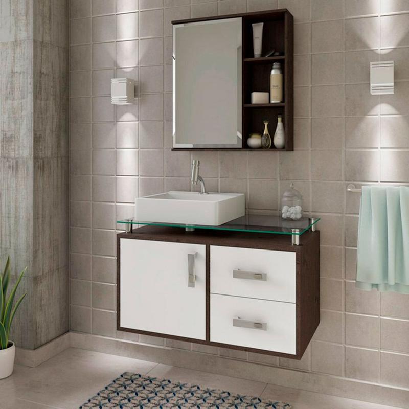 Gabinete Banheiro Évora e Espelheira Treviso Café/Branco - MGM Móveis - Espelheira - Magazine Luiza