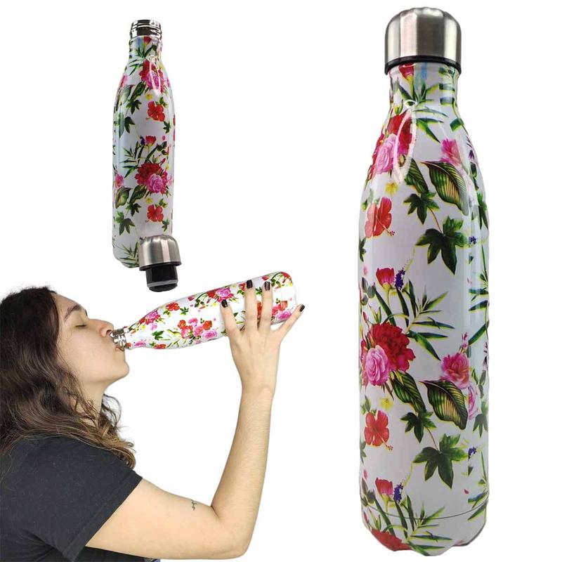 Garrafa Termica Estampada Flores 750 Ml Squeeze Inox Floral Agua Cha ...