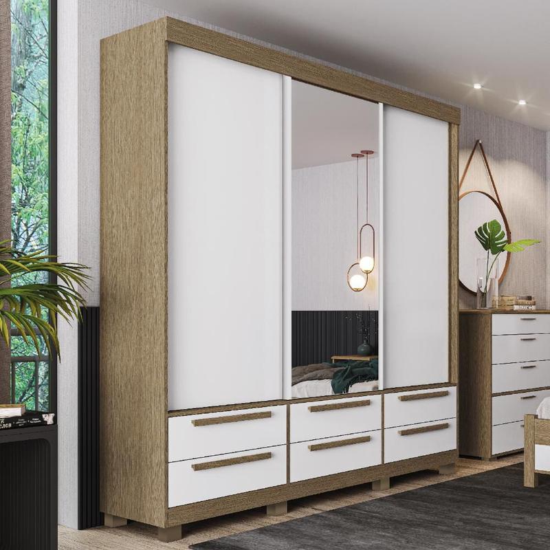 Guarda Roupa Casal 100% MDF 3 Portas Deslizantes com Espelho e 6 ...