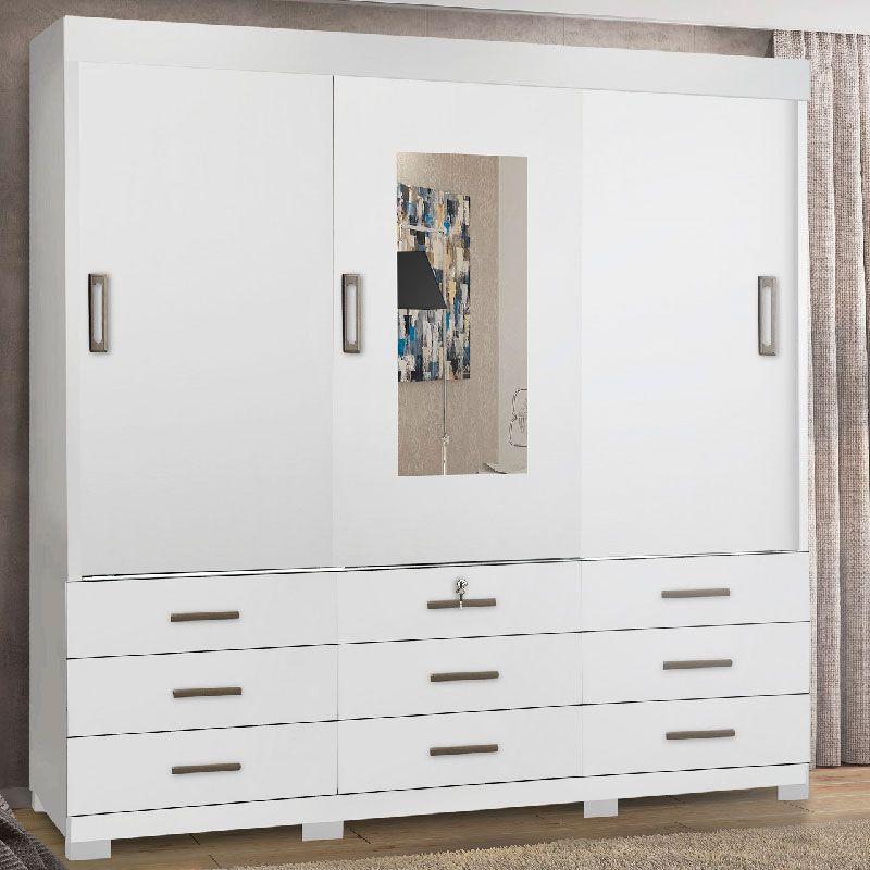 Guarda Roupa Casal com Espelho e Com Pés 3 Portas de Correr e 9 Gavetas ...