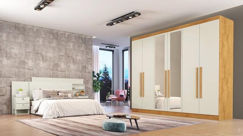 Guarda Roupa Casal Oslo 6Pts MDF c/ Espelho Peróba/Off White - Manu ...