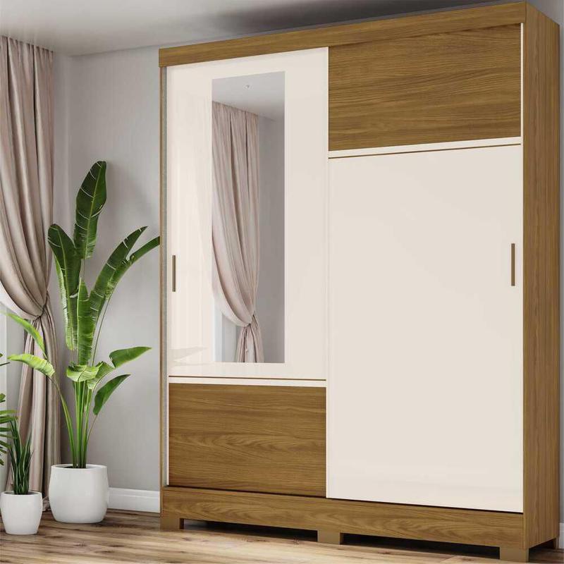 Guarda-Roupa com Espelho 2 Portas de Correr 2 Gavetas Viena Multimóveis CR4026ES Nature/Off ...