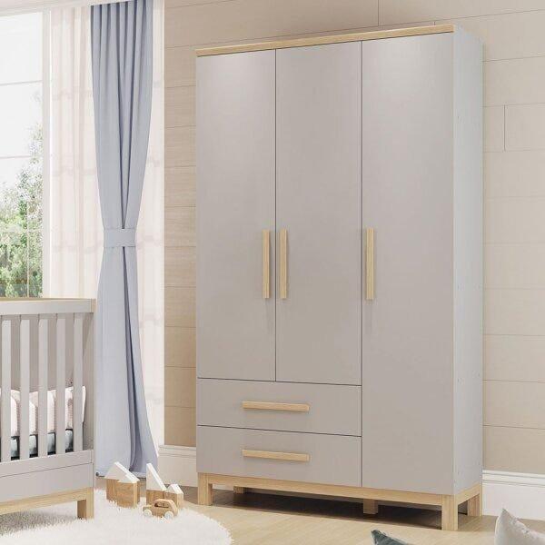 Guarda Roupa Infantil 113,7cm 3 Portas Lisas 2 Gavetas Louis Móveis Peroba Cinza/Cedro - Guarda ...