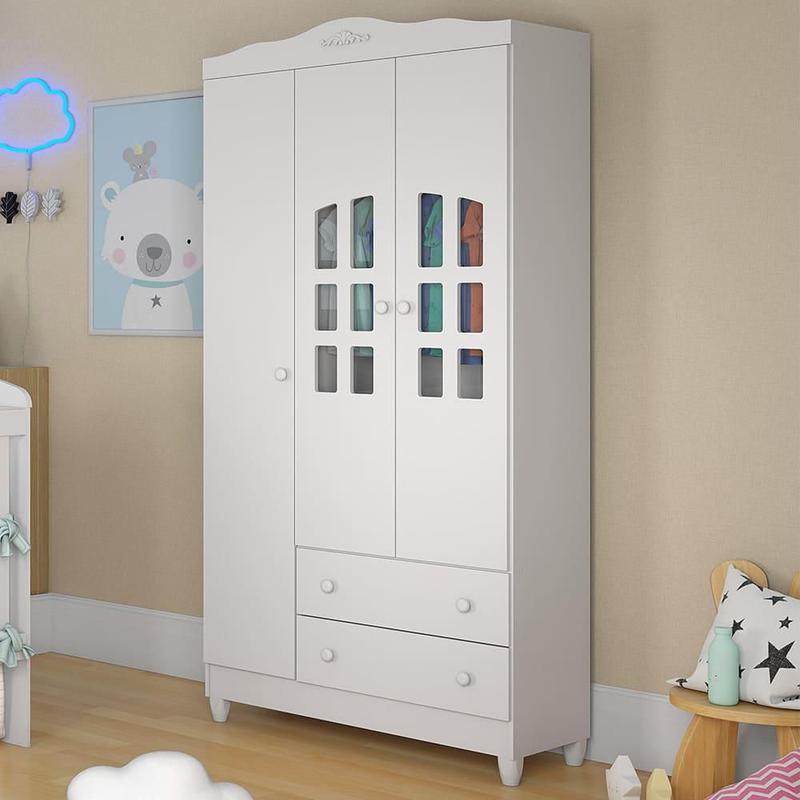 Guarda Roupa Infantil Provençal 3 Portas com Gavetas Lisa Branco Brilho ...