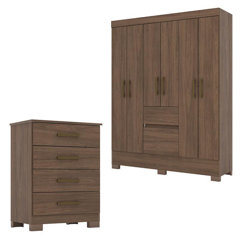 Guarda Roupa Solteiro BS04 e Cômoda Ella 4 Gavetas Castanho HP - Henn ...