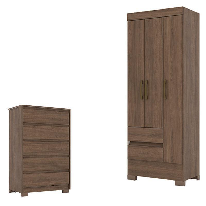 Guarda Roupa Solteiro BS05 e Cômoda Andría 5 Gavetas Castanho HP - Henn ...