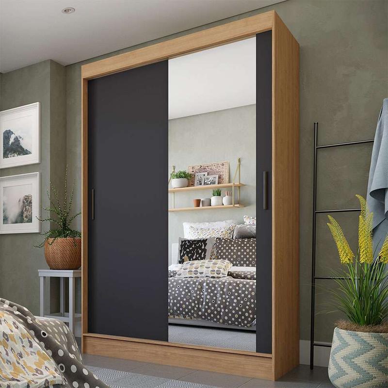 Guarda-Roupa Solteiro com Espelho Calí 2 PT 2 GV Naturalle e Grafite ...