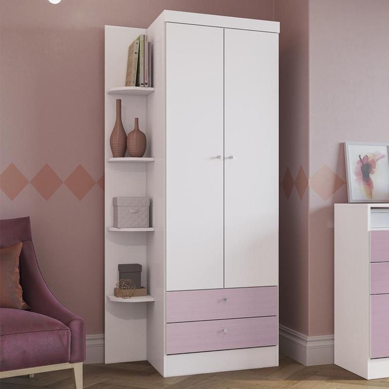 Guarda-Roupa Solteiro Kappesberg 2 Portas 2 Gavetas Branco/Rosa Pátina ...