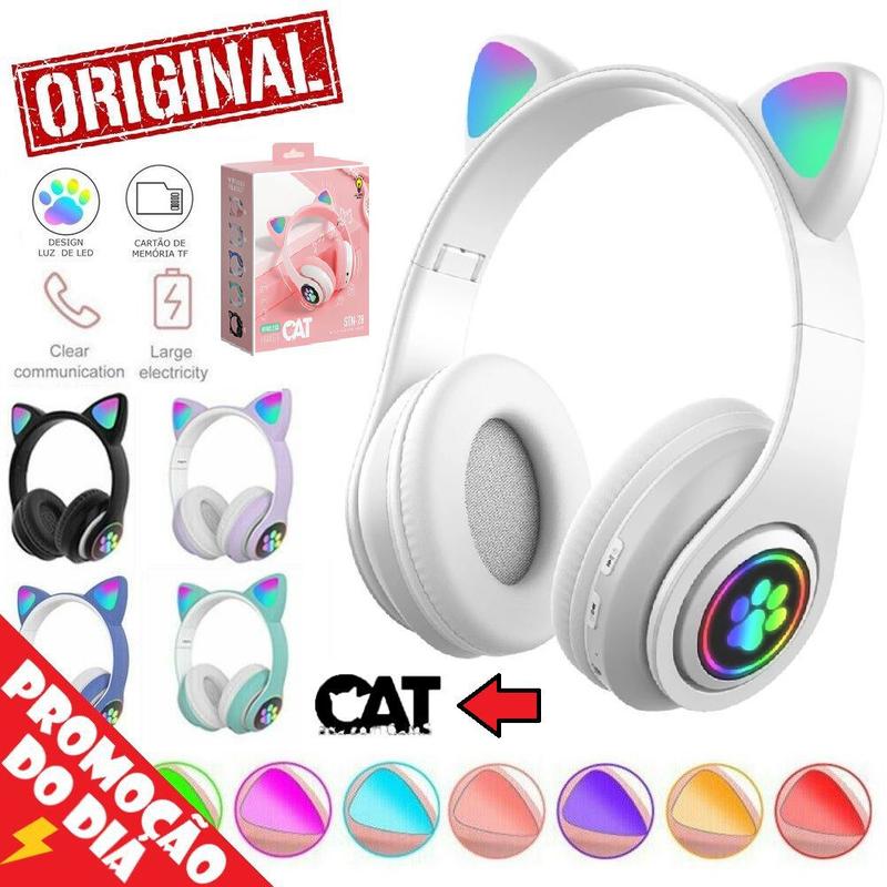Headset Fone De Ouvido Sem Fio Bluetooth Cat Luzes Led Rgb Orelha Gato ...