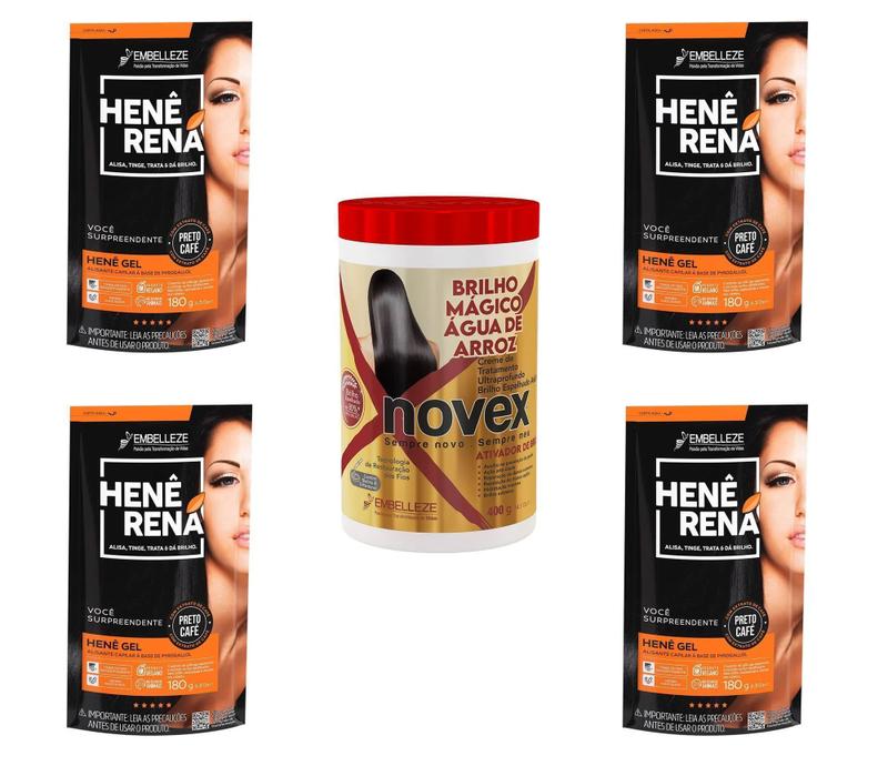Hene Em Gel Rena Preto Cafe 04x180gr Pouch+Brilho Magico Agua de Arroz ...