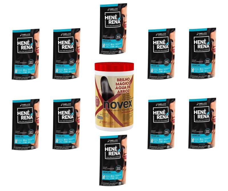 Hene Em Gel Rena Preto Natural 10x180gr Pouch+Brilho Magico Agua Arroz ...