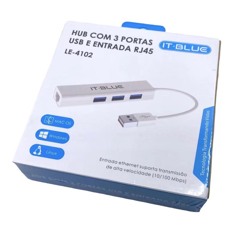 Hub adaptador rede 3 Portas Usb E Entrada Rj45 10 100 Mac Windows Linux - ITBLUE - Conversor ...
