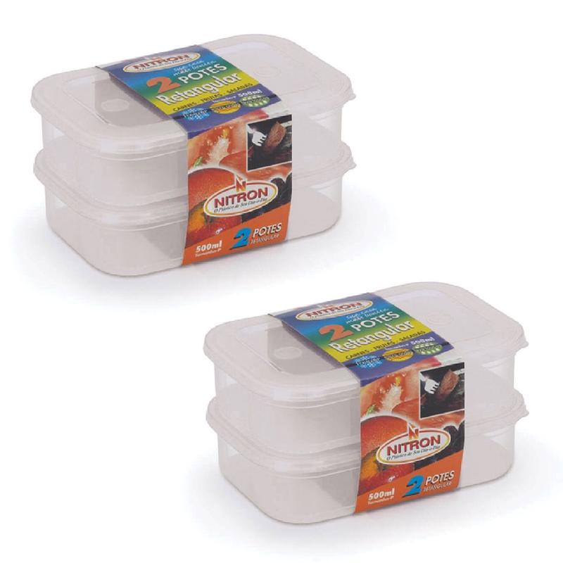 Jogo 4 Potes Retangular Raso Pequeno Tampa Marmita 500ml - Nitron ...