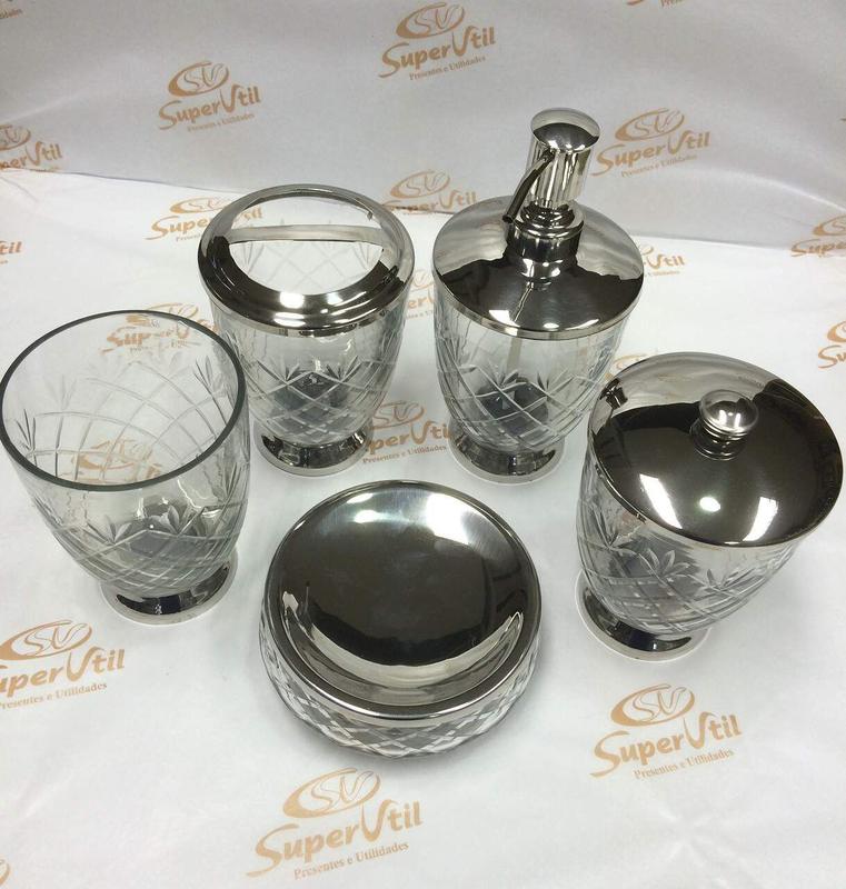 Jogo 5pcs Banheiro Vidro Lapidado Transparente Tampa Metal - Gab - Jogo ...