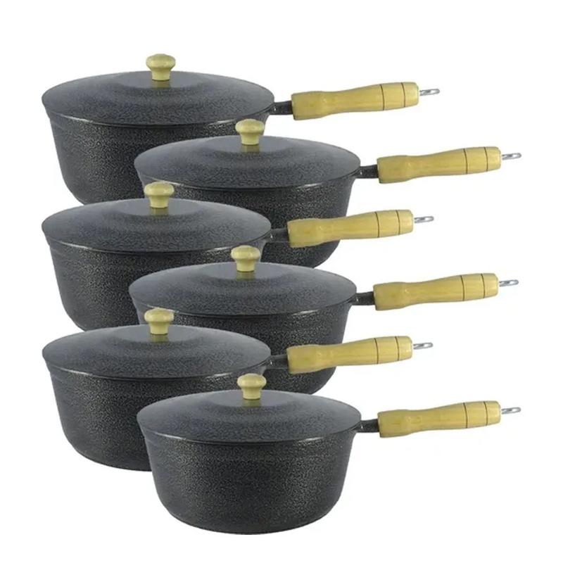 Jogo 6 Panelas De Alumínio Preto Fundido Cabo Madeira 16,18 e 20 cm ...