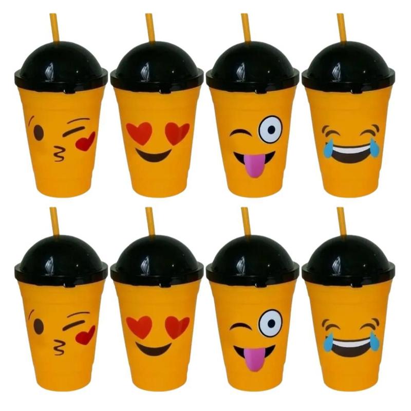 Jogo 8 Copos de Plástico 450ml com Tampa Canudo Carinhas Emoji ...