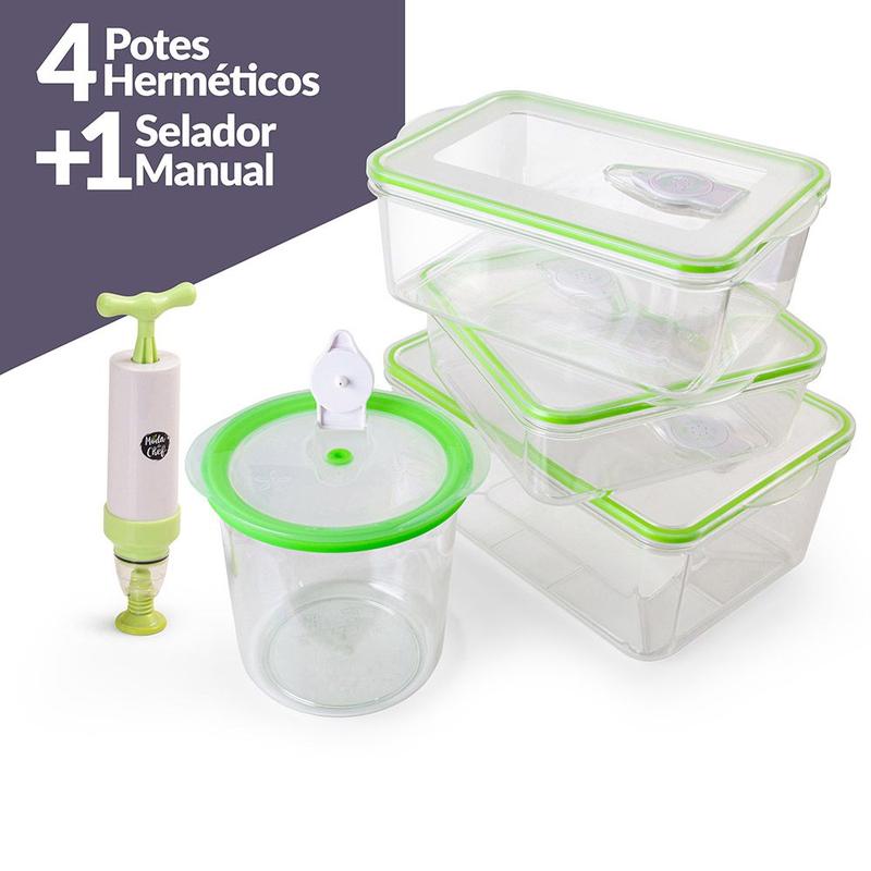 Jogo de 4 Potes Herméticos Vacuum e Selador a Vácuo Manual Moda do Chef ...