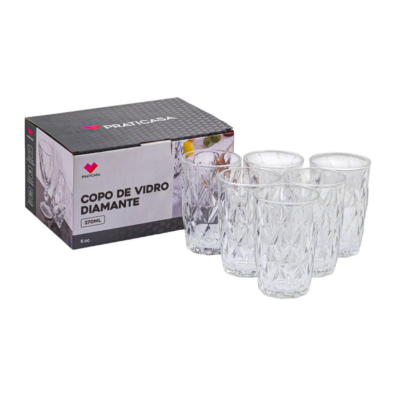Jogo De 6 Copos Vidro Diamond Transparente Agua Suco Bebida - Praticasa - Copo de Água / Suco ...