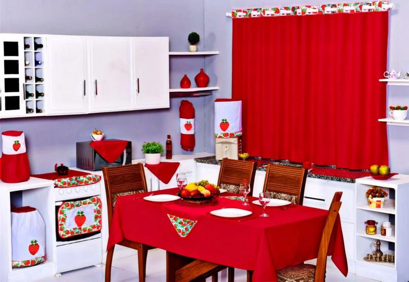 Jogo De Cozinha Completo 12 Peças Com Cortina Morango - Titato Store ...