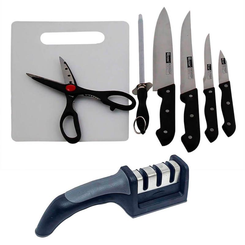 Jogo de Facas Inox Profissional com Tábua Chaira e Afiador 8 peças ...