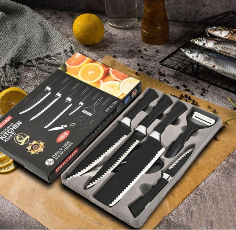 Jogo de Facas Preta - 6pçs com tesoura e descascador - Aço inox ...