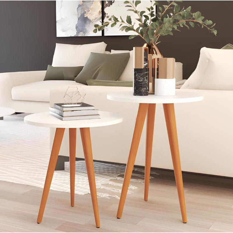 Jogo De Mesas De Canto Lateral Sofá Redonda Pé Palito De Madeira Retrô - Kelan - Mesa de Canto ...