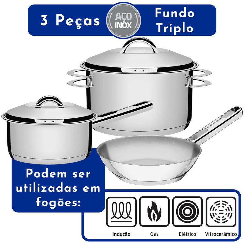 Jogo de Panelas Solar em Aço Inox 3 Peças - Tramontina - Jogo de ...