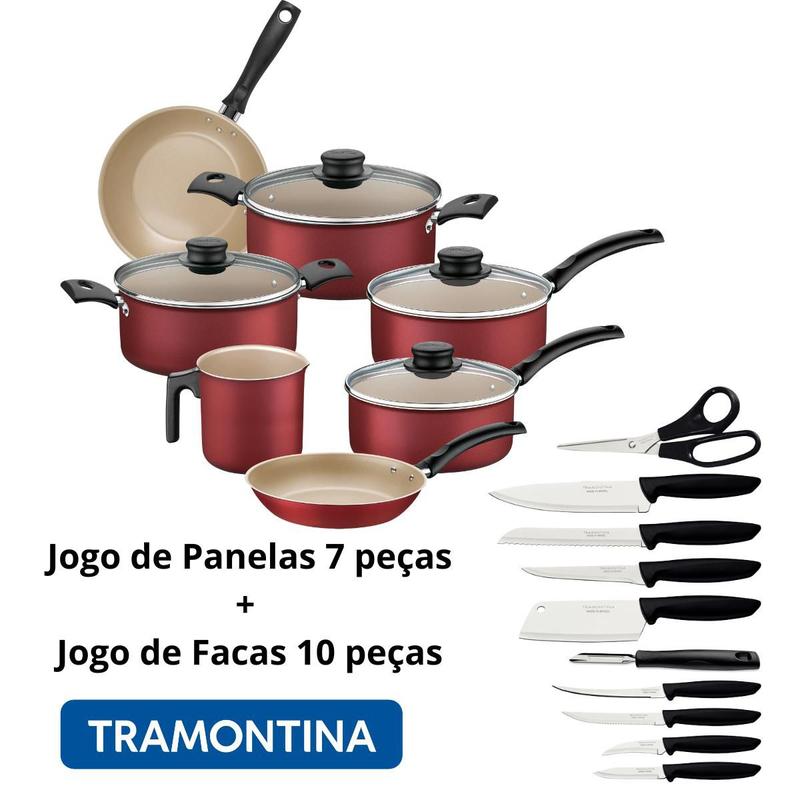 Jogo de Panelas Teflon Antiaderente + Jogo de Facas Inox 17 peças ...