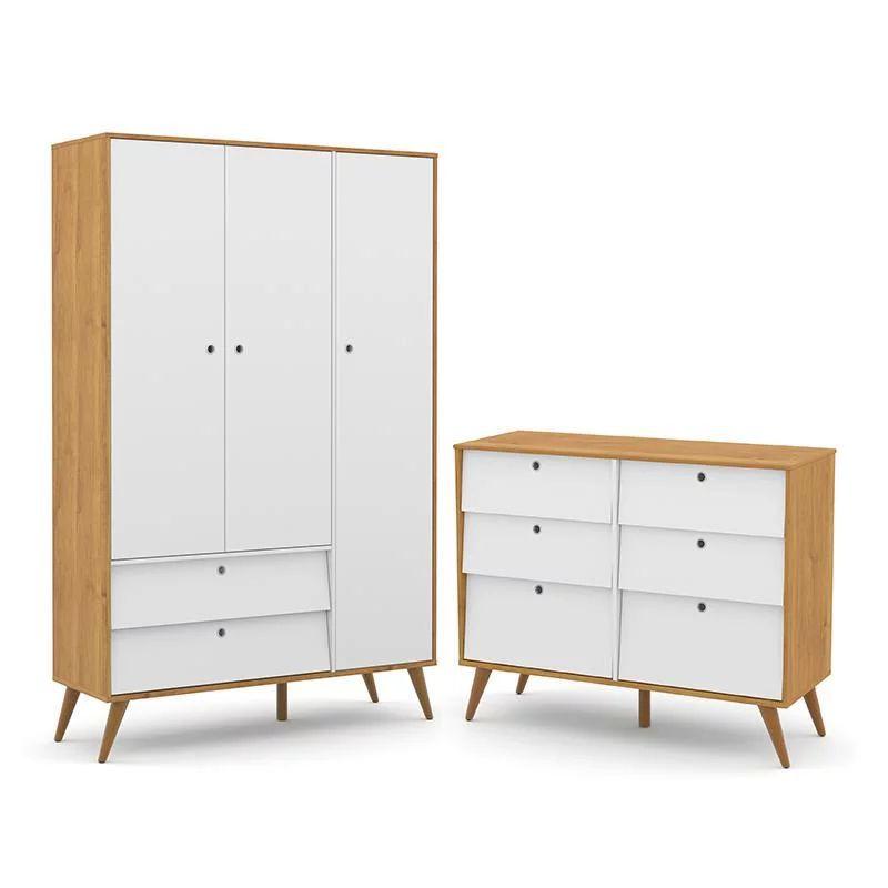 Jogo de Quarto Infantil Retrô Gold Guarda Roupa 3 Portas e Cômoda 6 ...