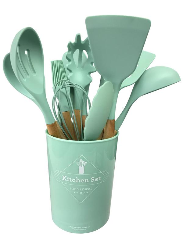 Jogo Kit Com 12 Peças Utensílio De Cozinha Silicone Cabo De Madeira ...
