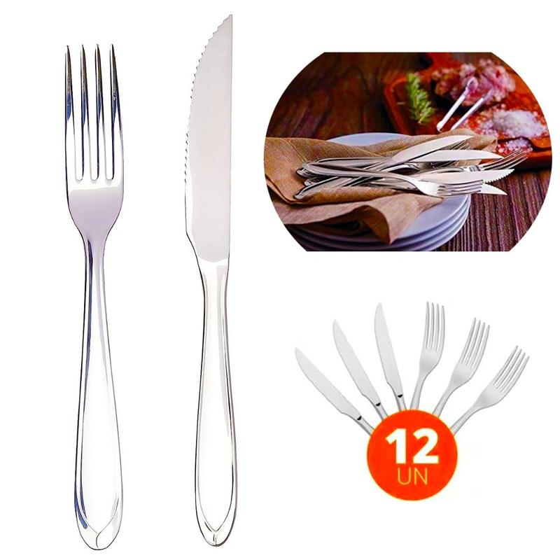 Jogo Talheres Inox 12 Unidades 6 Garfos E 6 Facas Churrasco Jantar ...