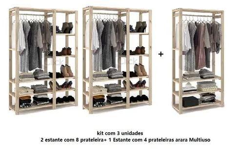 Kit 02 Araras Dupla + Arara Simples Guarda Roupa Arara Cabideiro Closet ...