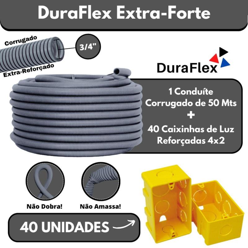Kit 1 Conduíte Eletroduto Corrugado Cinza 3/4" 50 Metros + 40 Caixinhas ...