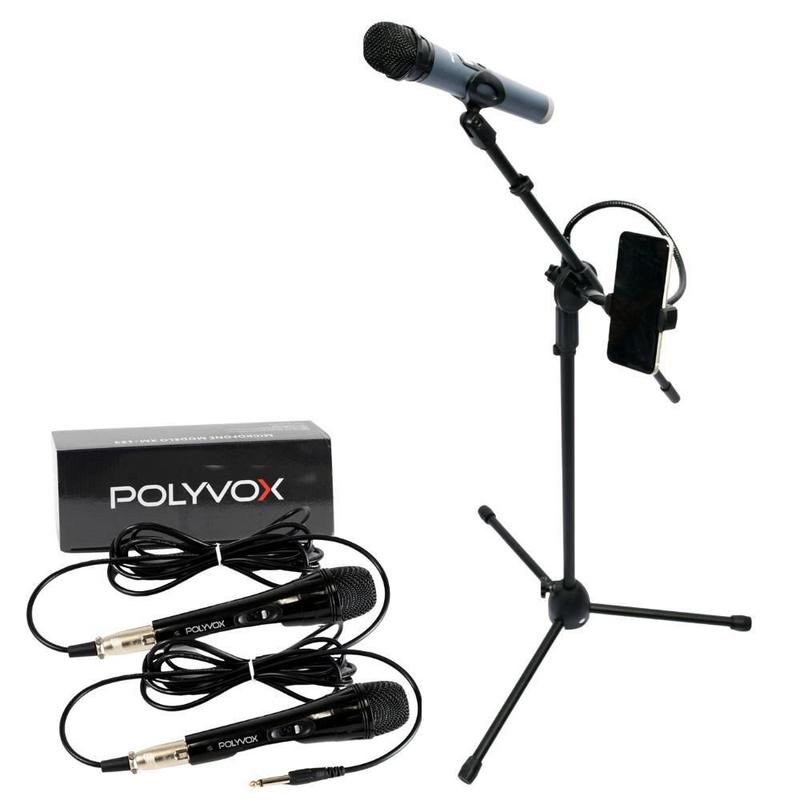 Kit 1 Pedestal Microfone Universal + 2 Microfones Com Fio - Polyvox ...