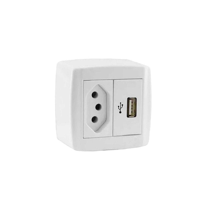 KIT - 1 Tomada 10A 250V~ + 1 Tomada USB 5V - 2.0A de Sobrepor Box Slim ...