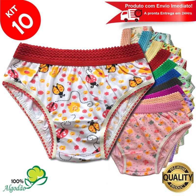 Kit 10 Calcinhas Infantil Algodão Estampada Cós Elástico Menina ...